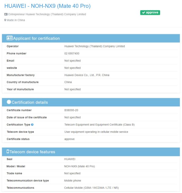 Huawei Mate 40 Pro gets certified by NBTC, and its launch preparations ...
