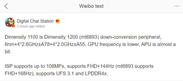 MediaTek Dimensity 1100 specifications leaked with four Cortex-A78 and ...
