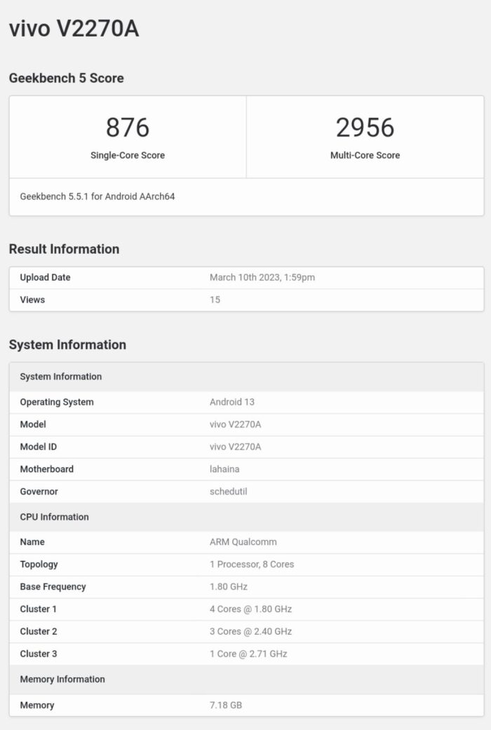 iQOO Z7 listed on Geekbench with Snapdragon 782G and 8GB RAM